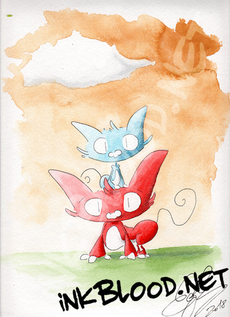 [Aquarelle] Deux chats, rouge, bleu - Inkblood | Olivier Giner
